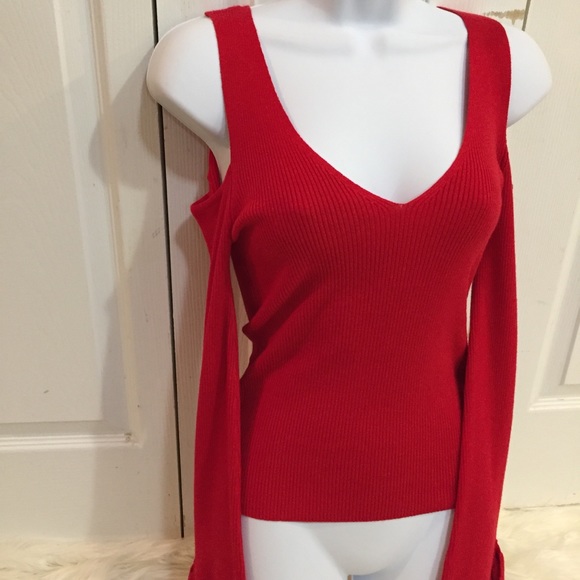 Express | Tops | Nwt Ribbed Red Cold Shoulder Bell Sleeve Top | Poshmark